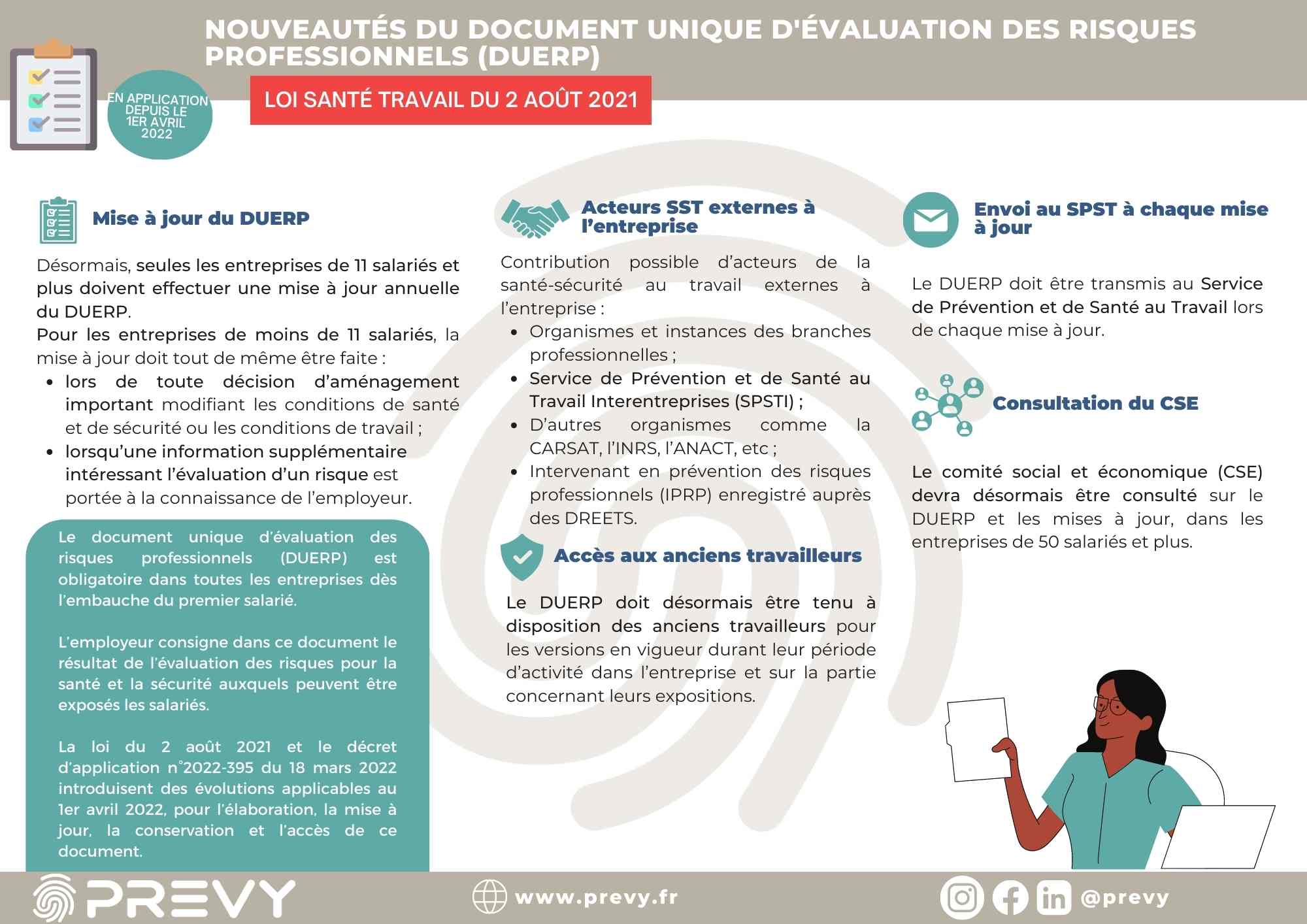 Fiche – Nouveautés du document unique d’évaluation des risques professionnels (DUERP) - PREVY