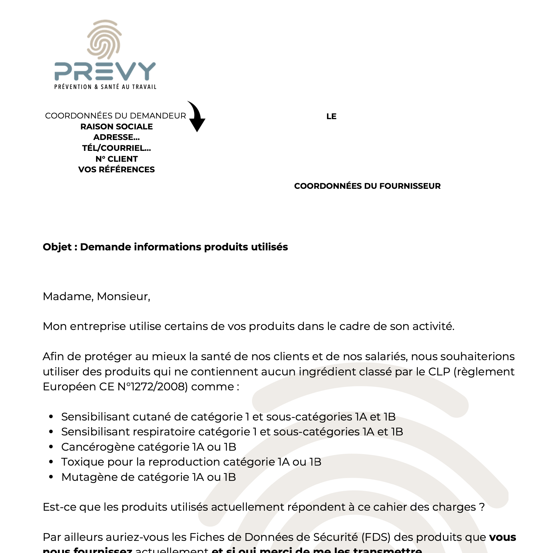 Courrier type demandes informations produits chimiques - PREVY