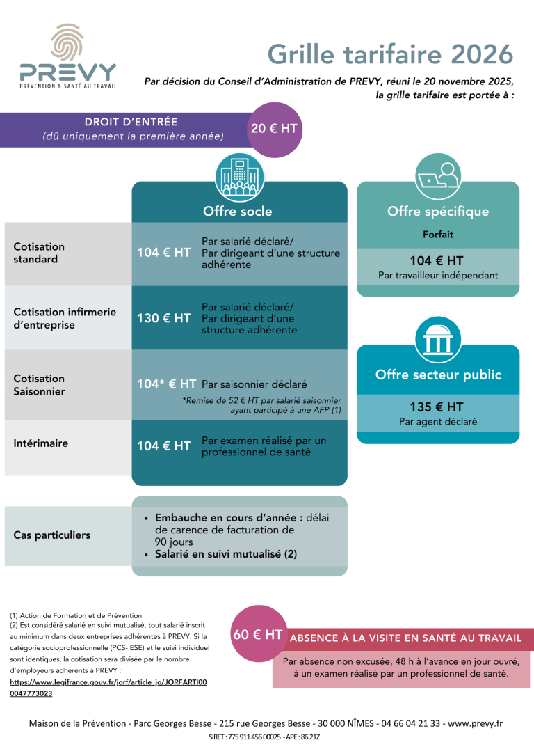 Grille tarifaire PREVY 2026 - PREVY
