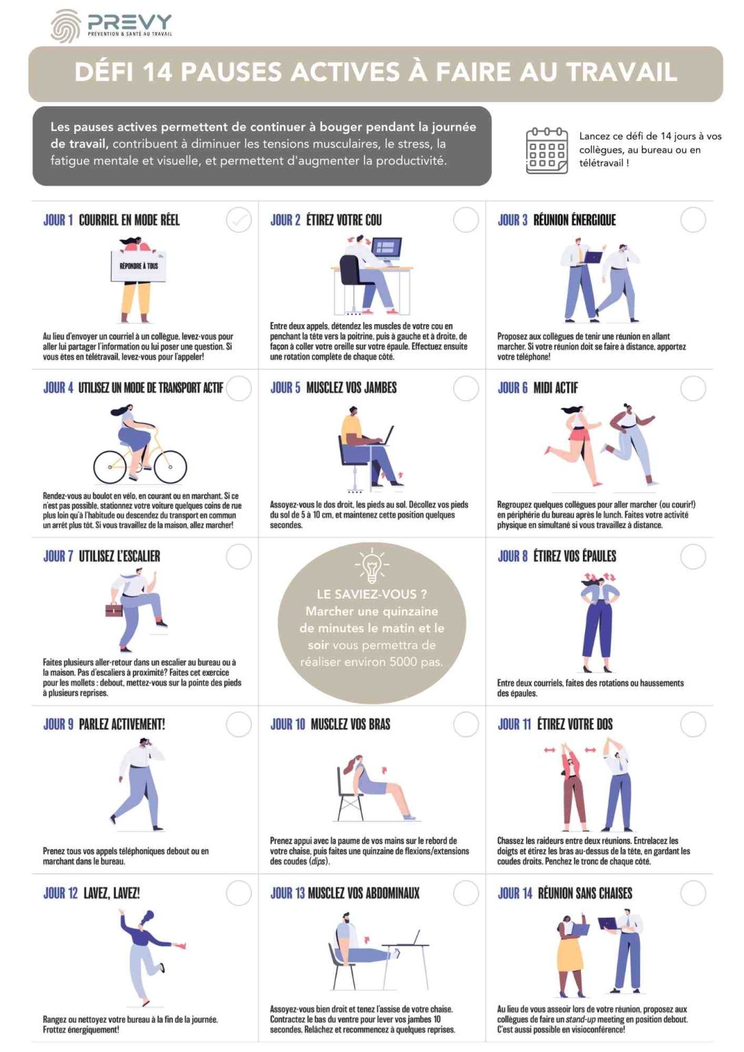 Fiche – Défi 14 pauses actives à faire au travail - PREVY